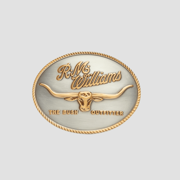R.M. Williams Logo Buckle in Gold/Silver Nickel and Brass - In Store O ...