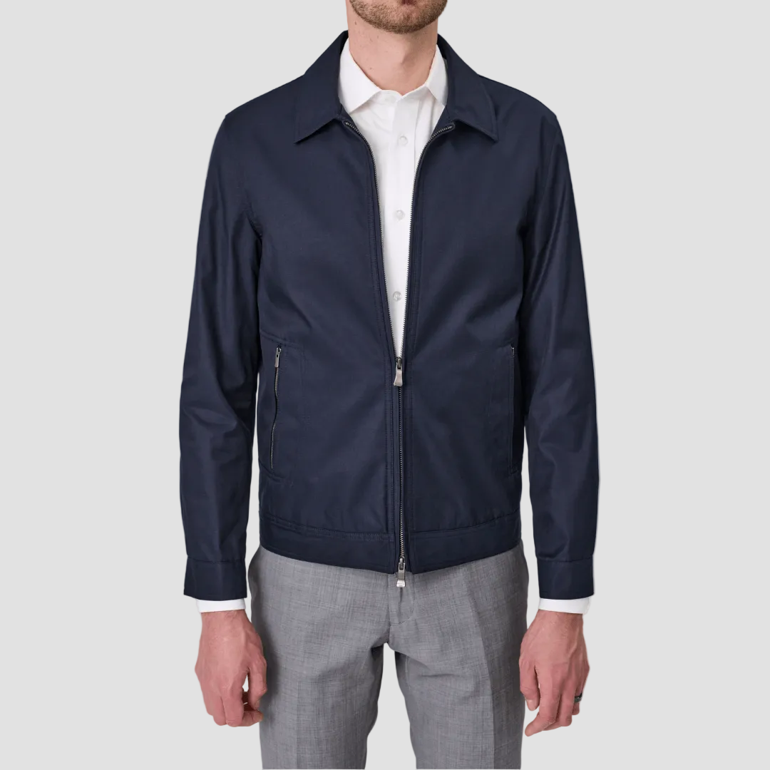Savile Row Mens Regular Fit James Zip Front Jacket in Navy Cotton Blen ...