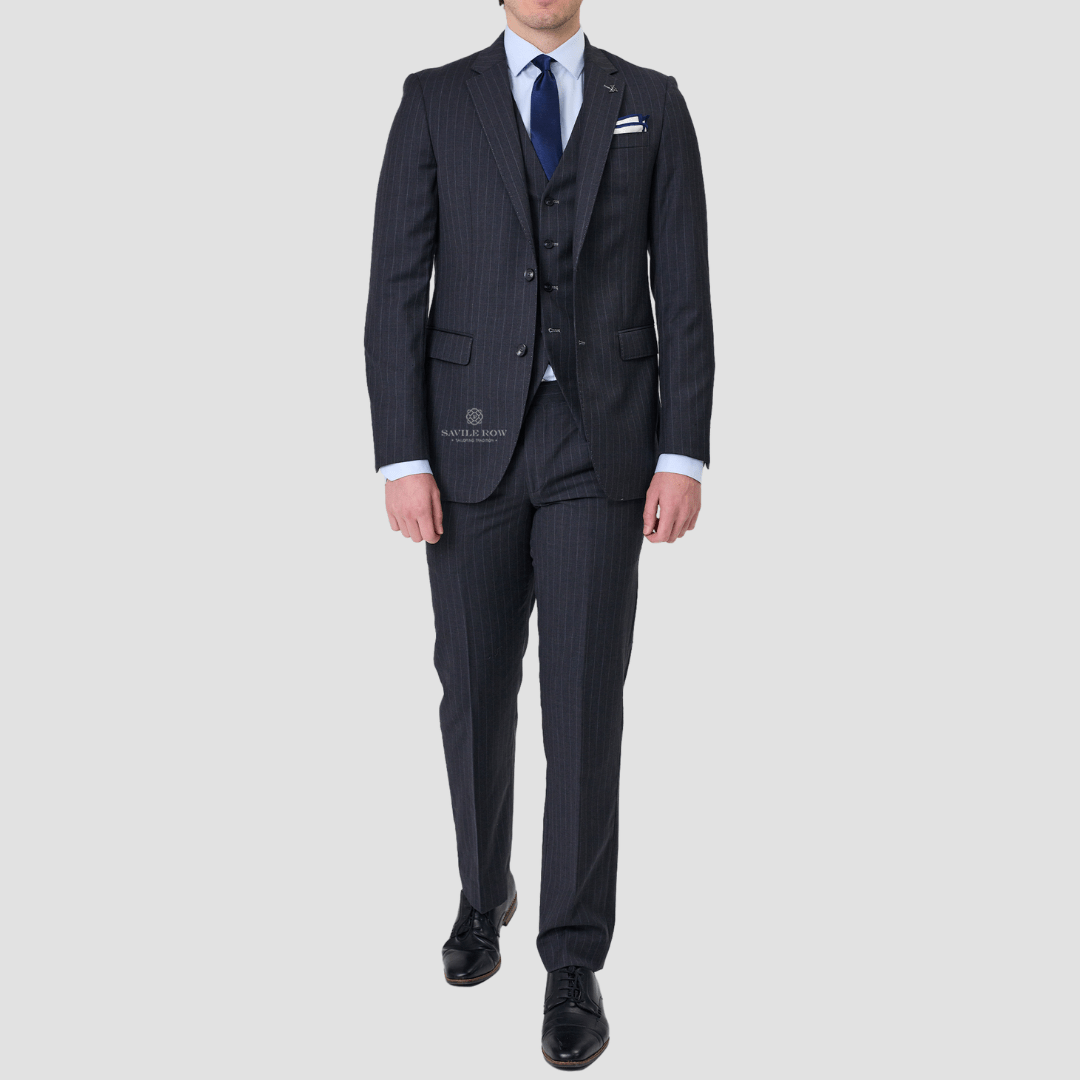 Savile Row Mens Tailored Fit Abram Suit in Charcoal Stripe Pure Wool S ...