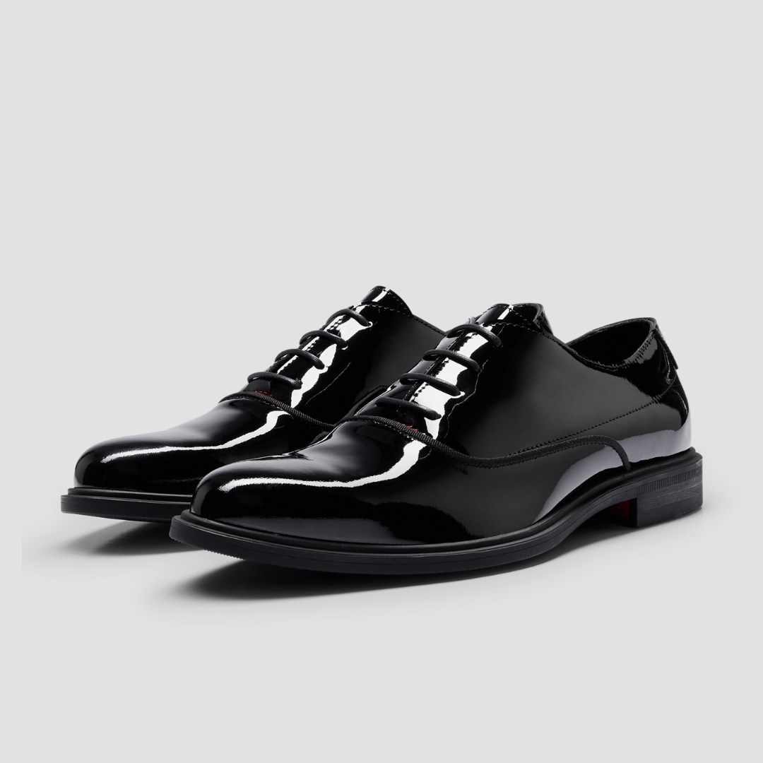 Hugo Boss Oxford Dress Shoes with Stacked Logo in Patent Black Leather ...